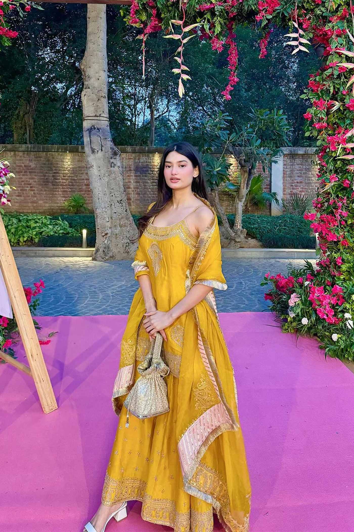 Medha Das In AABROO - GLAZE MUSTARD SHORT KURTA WITH SHARARA AND DUPAT