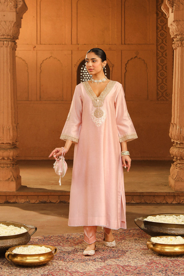 Sanvi - Blush Pink Embroidered Long Choga With Salwar | Sheetal Batra
