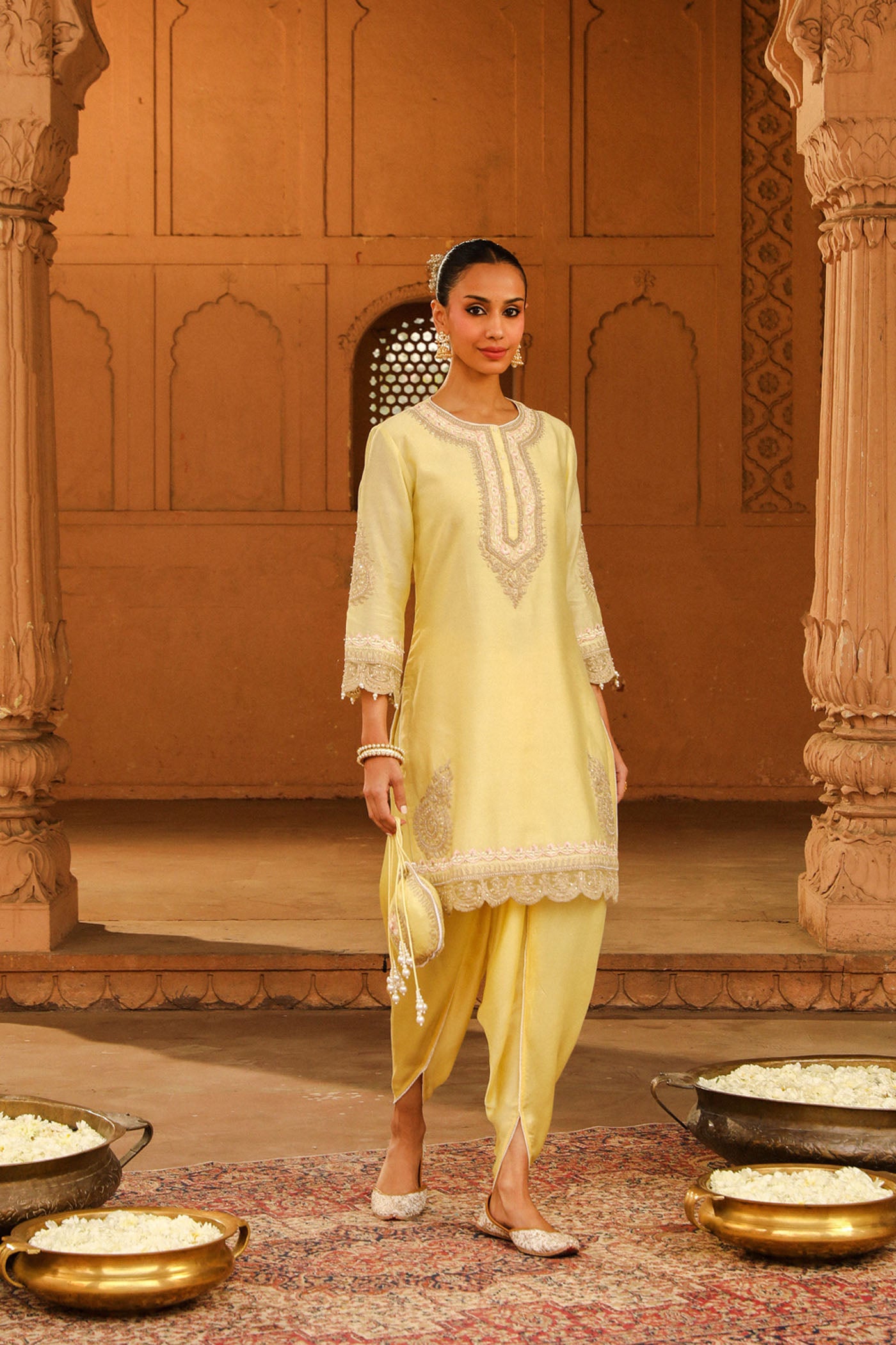 Anika - Lemon Yellow Embroidered Silk Kurta Dhoti Set | Sheetal Batra