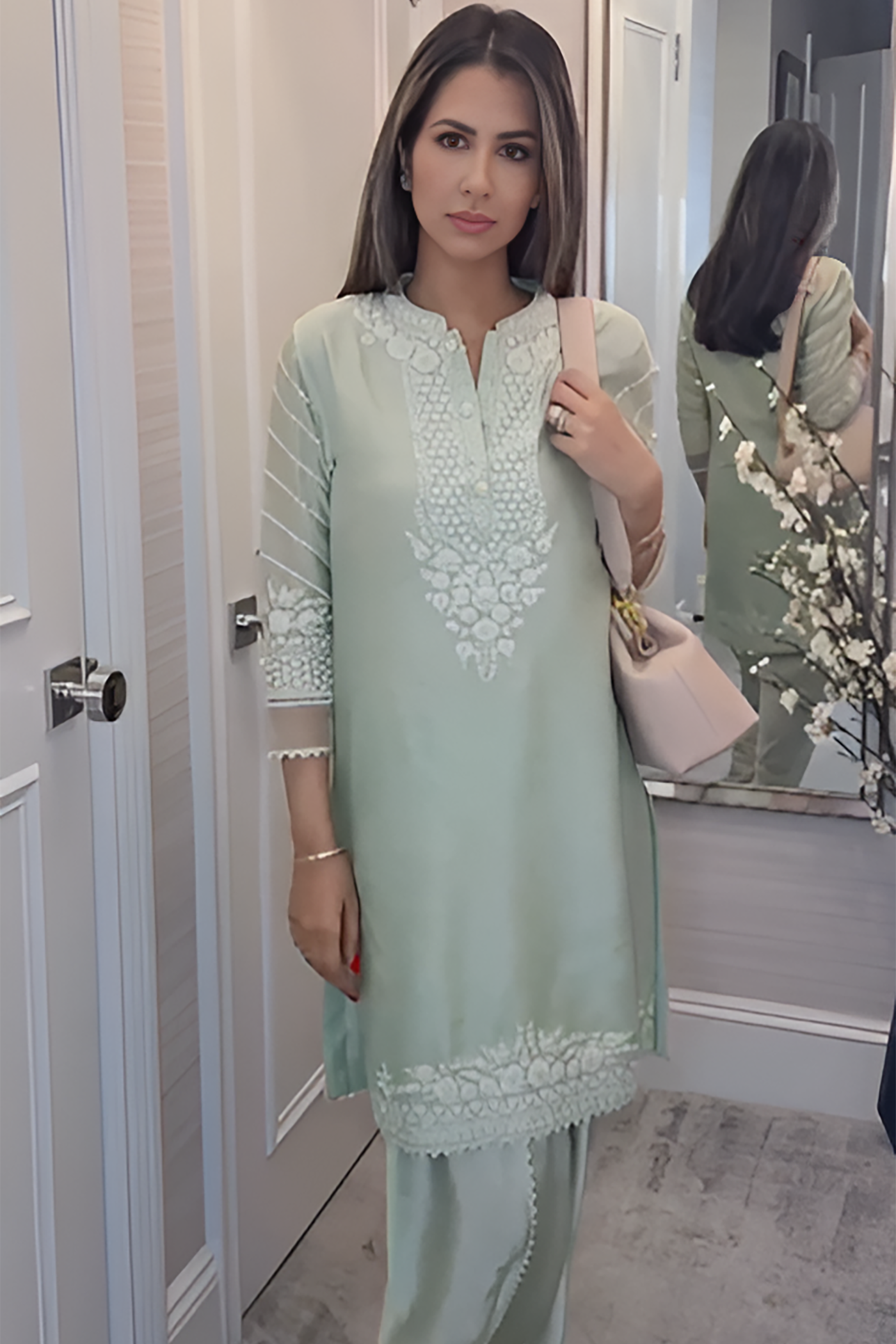 Ayika - Frosty Green Embroidered Short Kurta Set Online | Sheetal Batra