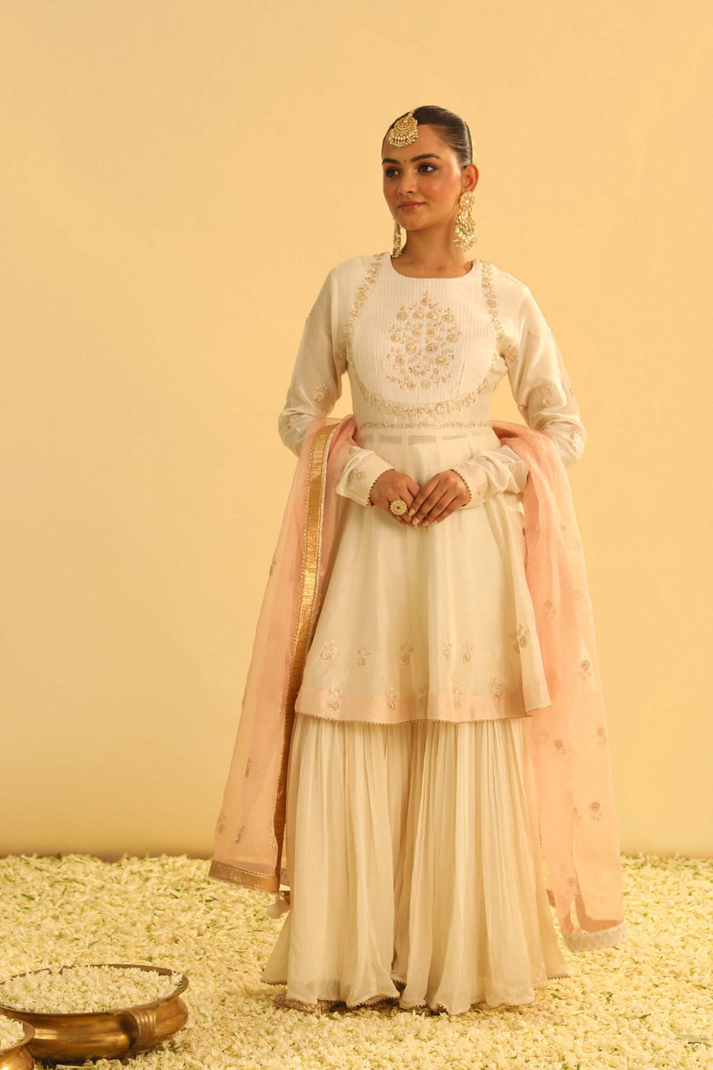 Shahana - Heritage Daisy Ivory Peplum Kurta Garara Set | Sheetal Batra