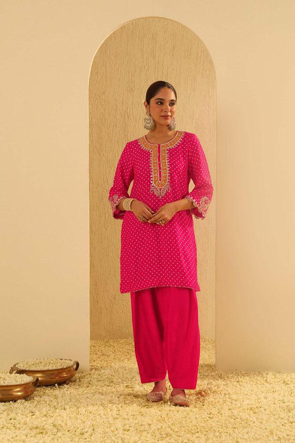Noora - Hotpink Bandhej Short Kurta With Salwar Online | Sheetal Batra