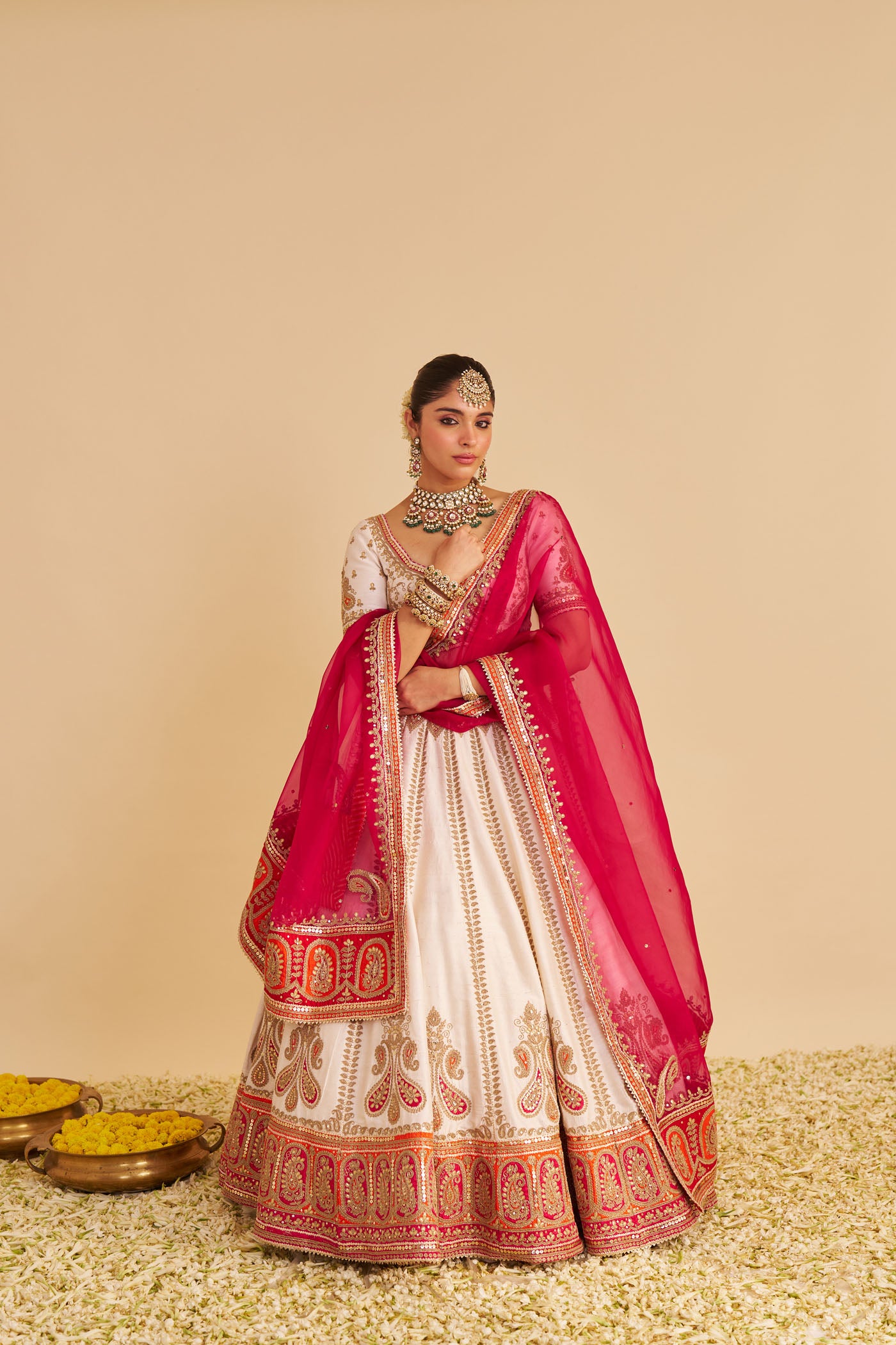 Amara - Daisy Ivory Raw Silk Lehenga With Red Dupatta | Sheetal Batra