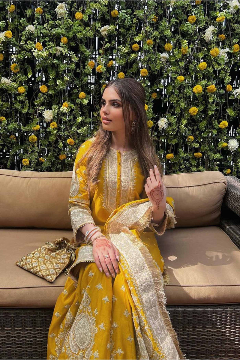 Muskan Chanana In RAINA - GLAZE MUSTARD SHORT KURTA WITH SHARARA AND O