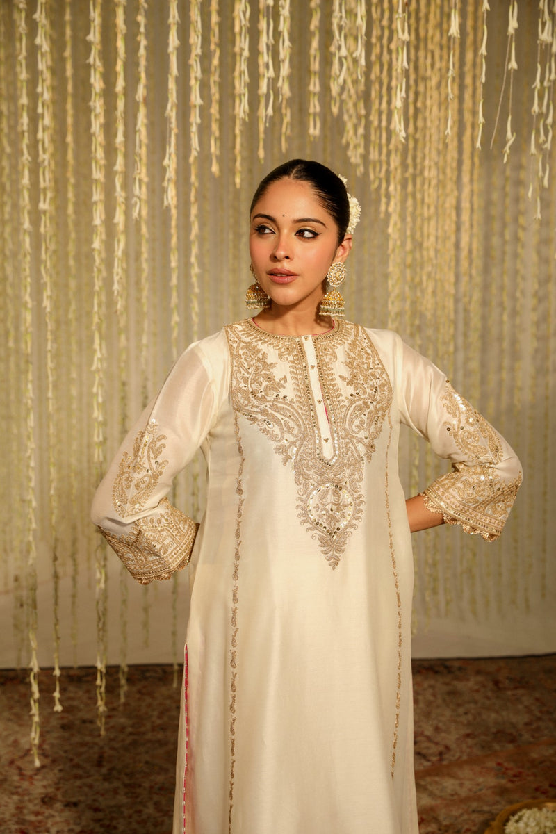 Tarini Bhatia In MAHIKA - DAISY IVORY LONG KURTA WITH PALAZZO AND DUPA
