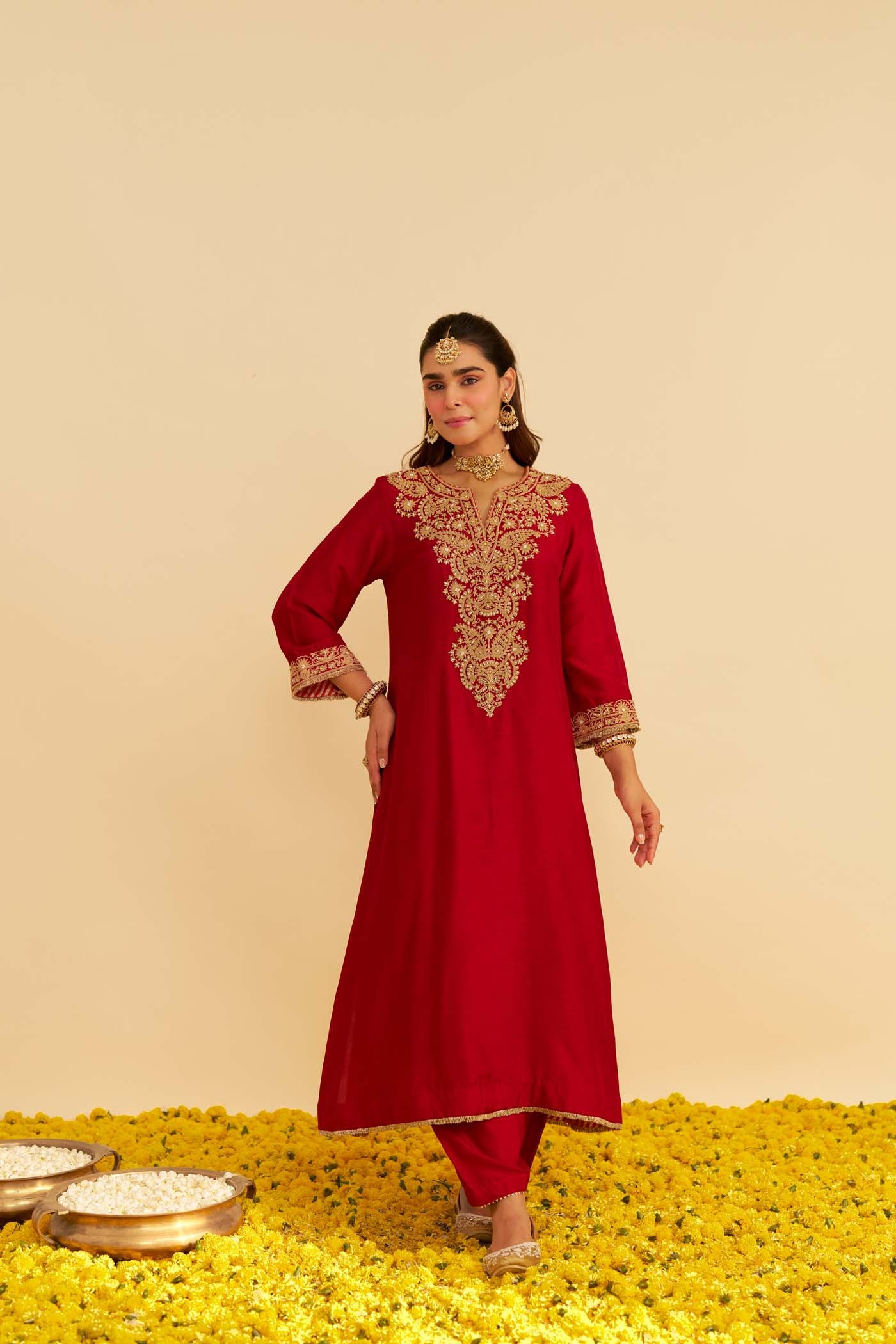 HIBA - DEEP RED LONG KAFTAN WITH SALWAR AND DUPATTA (RTS)