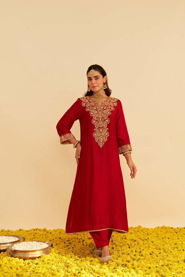 HIBA - DEEP RED LONG KAFTAN WITH SALWAR AND DUPATTA (RTS)