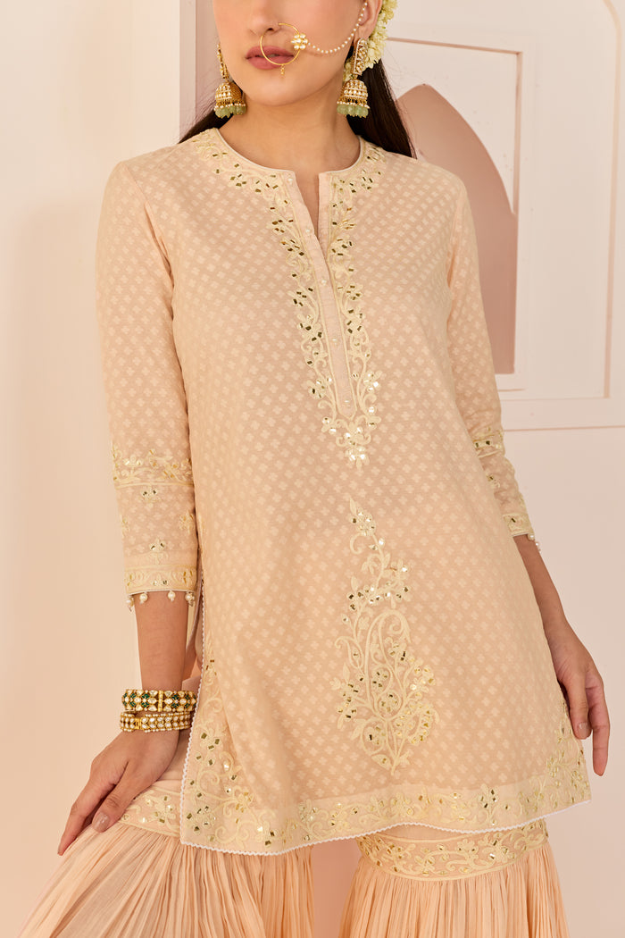 Yasneen - Carnation Pink Short Kurta With Garara And Dupatta (LXRTS)