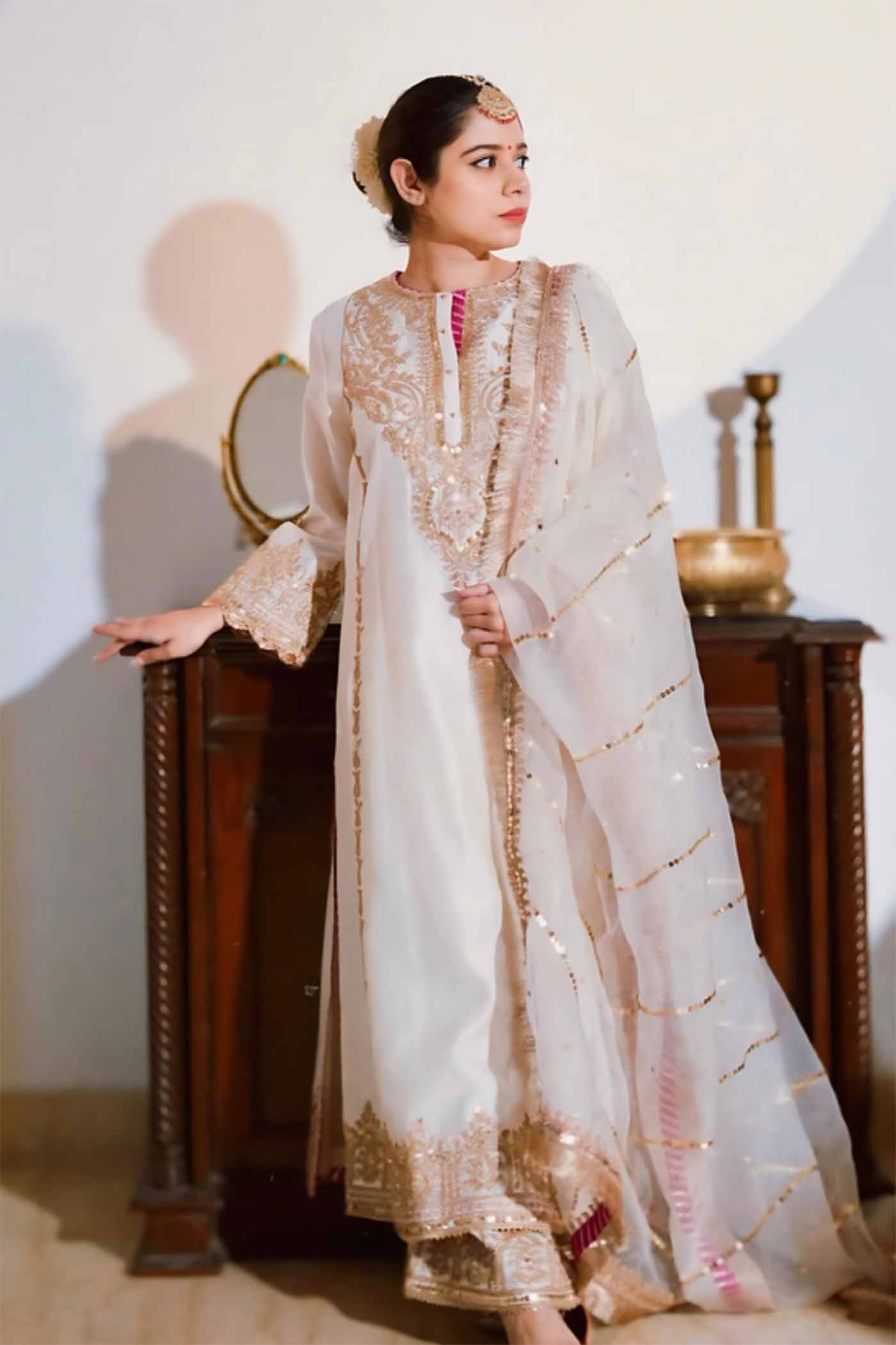 Tarini Bhatia In MAHIKA - DAISY IVORY LONG KURTA WITH PALAZZO AND DUPA