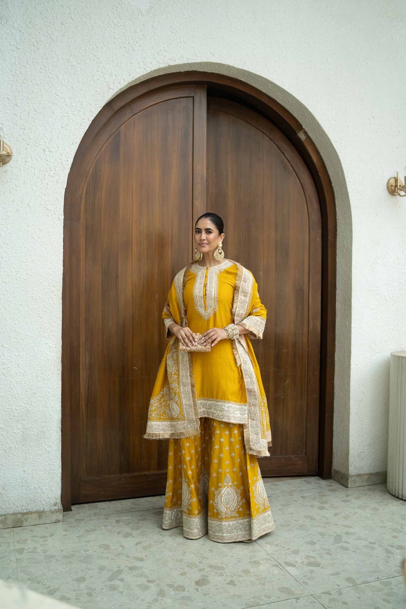 Alisha Pekha In RAINA - Glaze Mustard SHORT KURTA WITH SHARARA AND ODH
