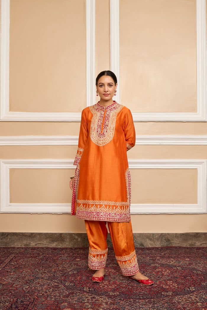 Afsaana - Orange Chanderi Silk Short Kurta Salwar Set | Sheetal Batra